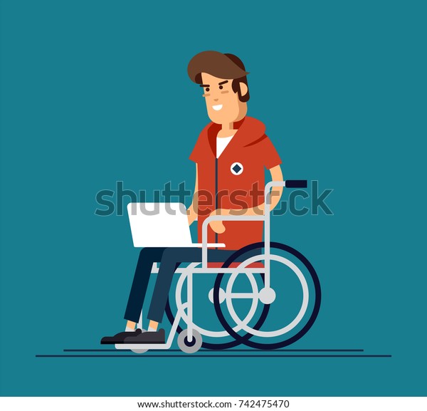 Young Man Uses Wheelchair Working Computer Stock Vector (Royalty Free ...