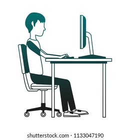 Young Man Working Computer Blue Lines Stock Vector (Royalty Free ...