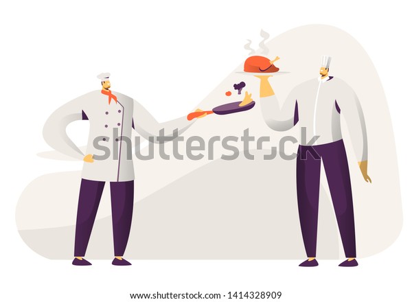 Young Men Chef and Sous Chef in Toque and Apron Holding in Hands Tray ...