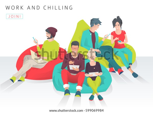 Young People Sit On Bean Bag Stock Vector Royalty Free 599069984