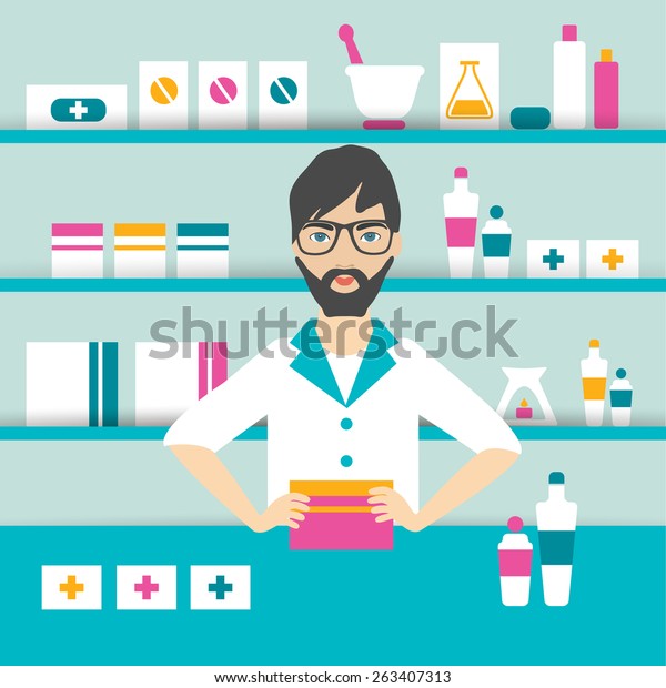Young Pharmacy Chemist Man Standing Drugstore Stock Vector (Royalty ...
