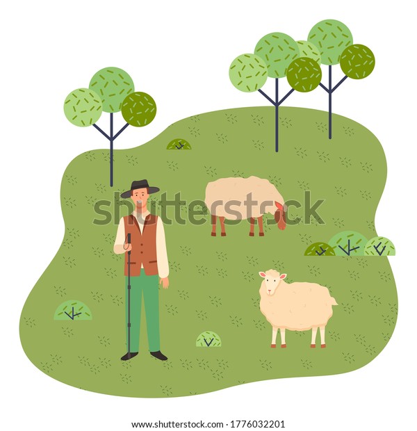 Young Shepherd Stick Sheep Green Park Stock Vector (Royalty Free ...