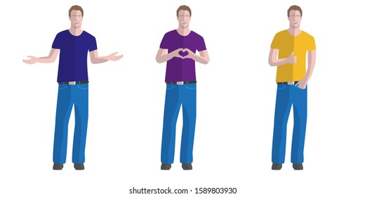 Young Smiling Man Three Poses Hands Stock Vector (Royalty Free ...