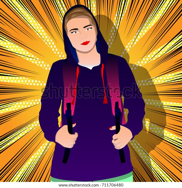 Young Woman Backpack Comic Book Style Stock Vector (Royalty Free ...