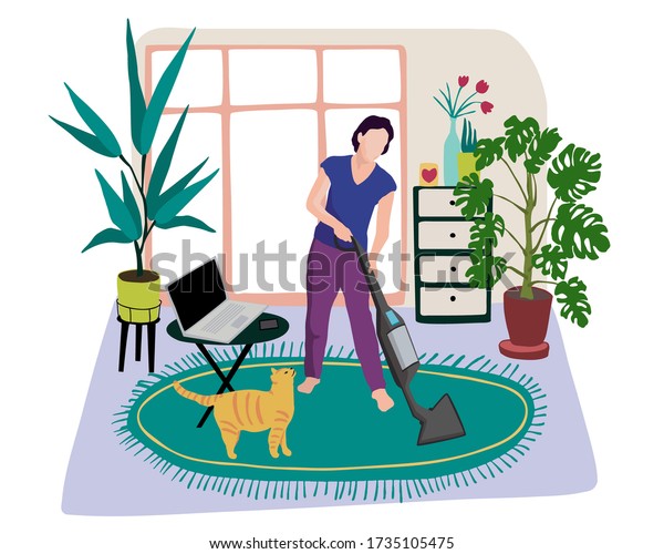 Young Woman Cleans Carpet Using Wireless Stock Vector (Royalty Free ...