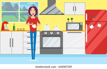 Busy Housewife Woman Cartoon Character Cooking Stock Vector (Royalty ...