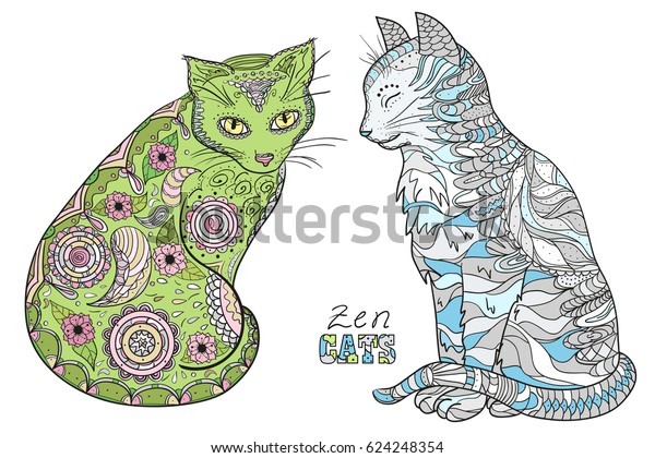Zen Cats Design Zentangle Hand Drawn Stock Vector (Royalty Free ...