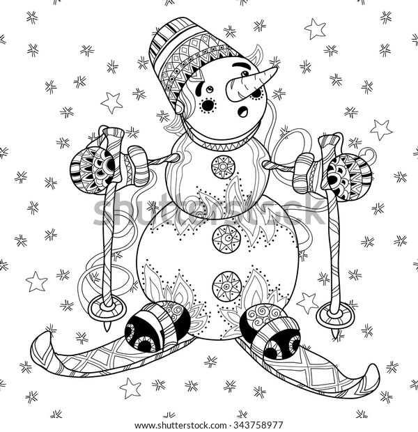 Zentangle Doodle Hand Drawn Snowman Ski Stock Vector (Royalty Free ...