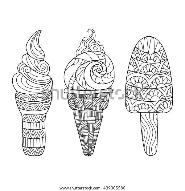 Zentangle ice cream set for coloring book. Hand drawn vector illustration