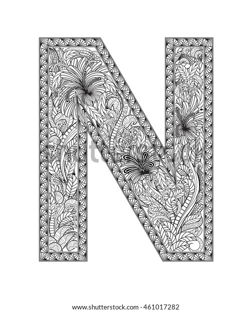 Zentangle stylized alphabet. Letter N in doodle style. Hand drawn ...