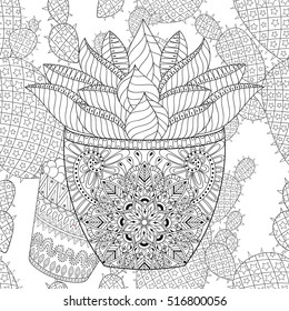 Zentangle Succulent On Vector Cactus Seamless Stock Vector (Royalty ...