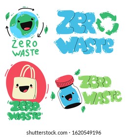 Zero Waste Cute Cartoon Stickers Vector Stock Vector (Royalty Free ...