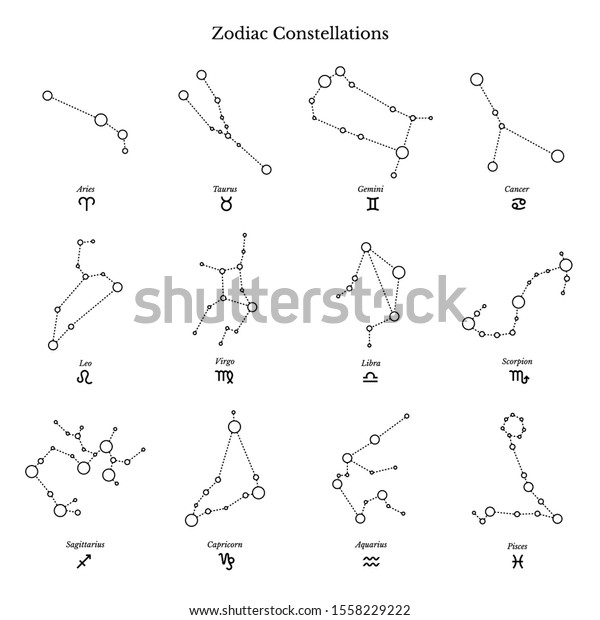 Zodiac Constellations Linear Illustrations Set Twelve Stock Vector ...