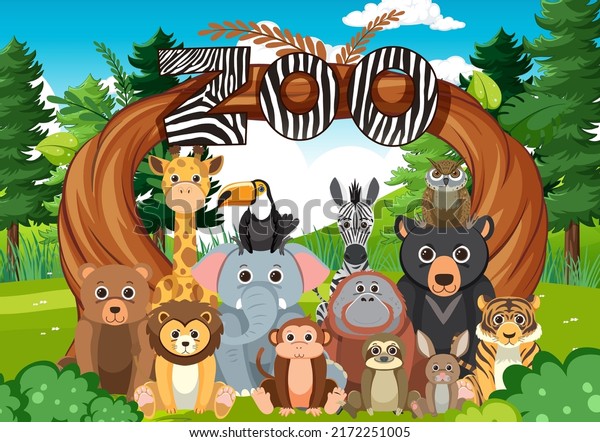Zoo Animals Group Flat Cartoon Style: เวกเตอร์สต็อก (ปลอดค่าลิขสิทธิ์ ...