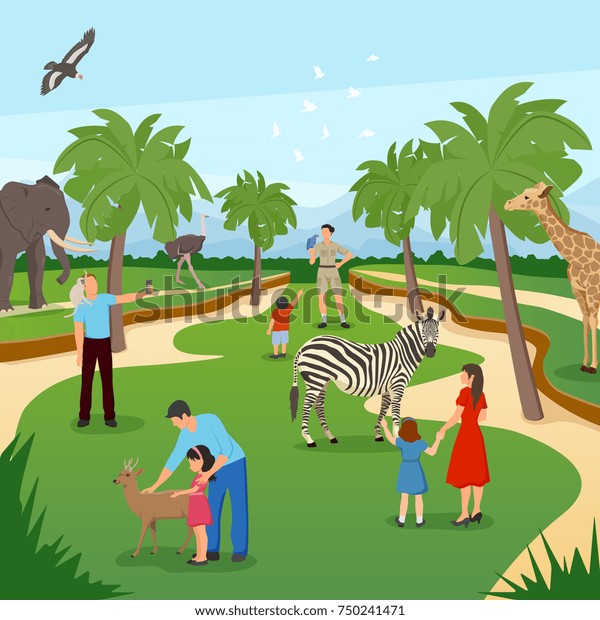Zoo Cartoon Background Tropical Animals People Stock Vector (Royalty ...