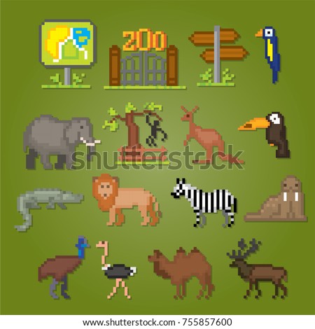 Zoo Icons Set Pixel Art Old Stock Vector (Royalty Free) 755857600 ...