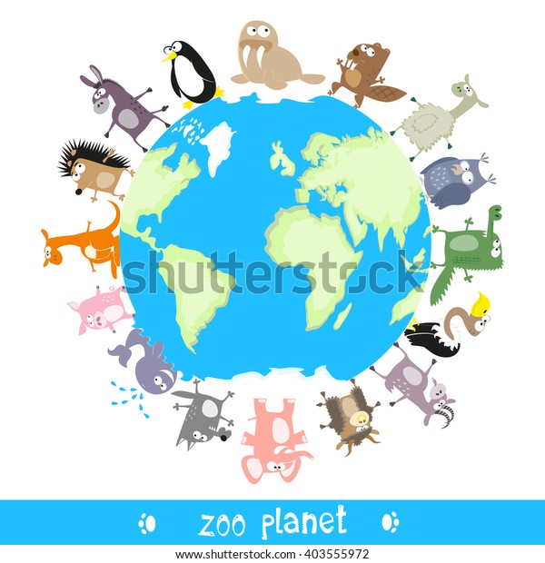 Zoo planet with cute animals drawing in funny cartoon style isolated on ...
