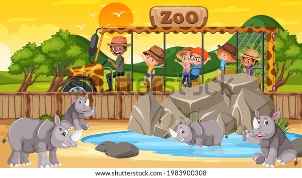 Zoo Sunset Time Many Children Watching Stock Vector (Royalty Free ...