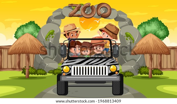 Zoo Sunset Time Scene Many Kids Stock Vector (Royalty Free) 1968813409 ...