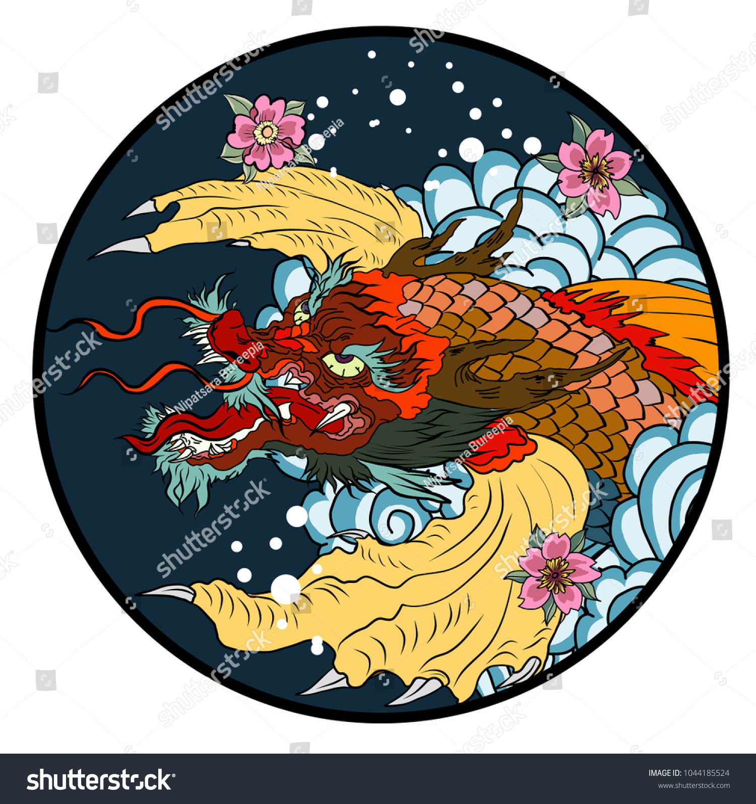 Tattoo Design Koi Dragon Cherry Blossom Stock Vector Royalty Free 1044185524 Shutterstock