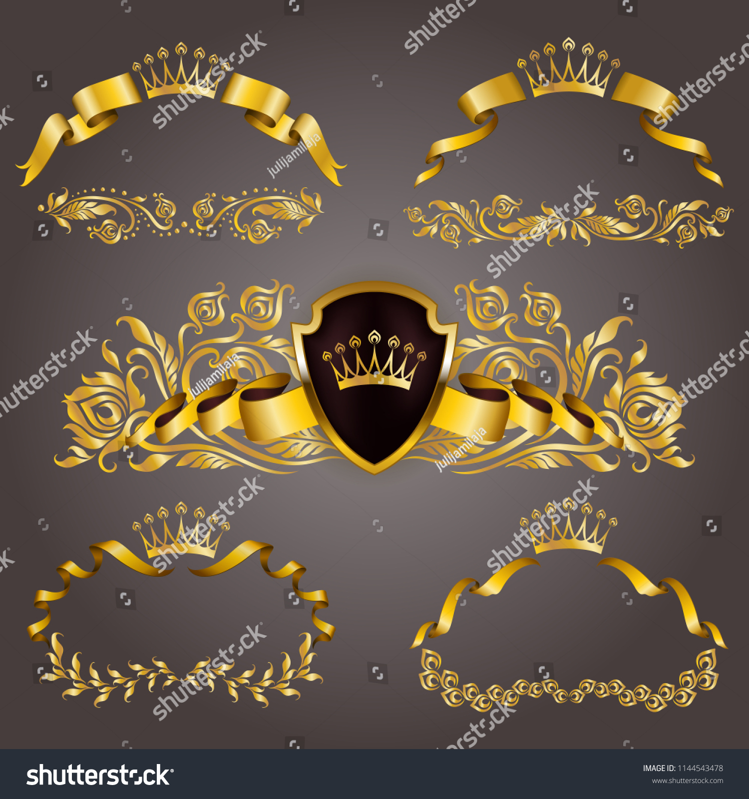 Set Golden Royal Shields Floral Elements Stock Vector Royalty Free 1144543478 Shutterstock