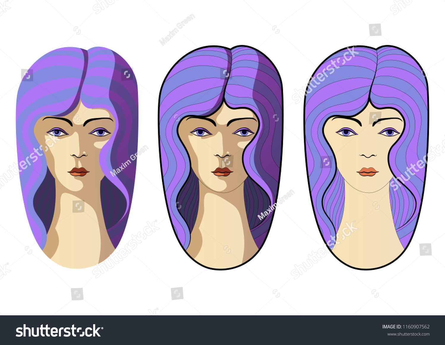 Vector Woman Purple Hair Set Vector De Stock Libre De Regalías