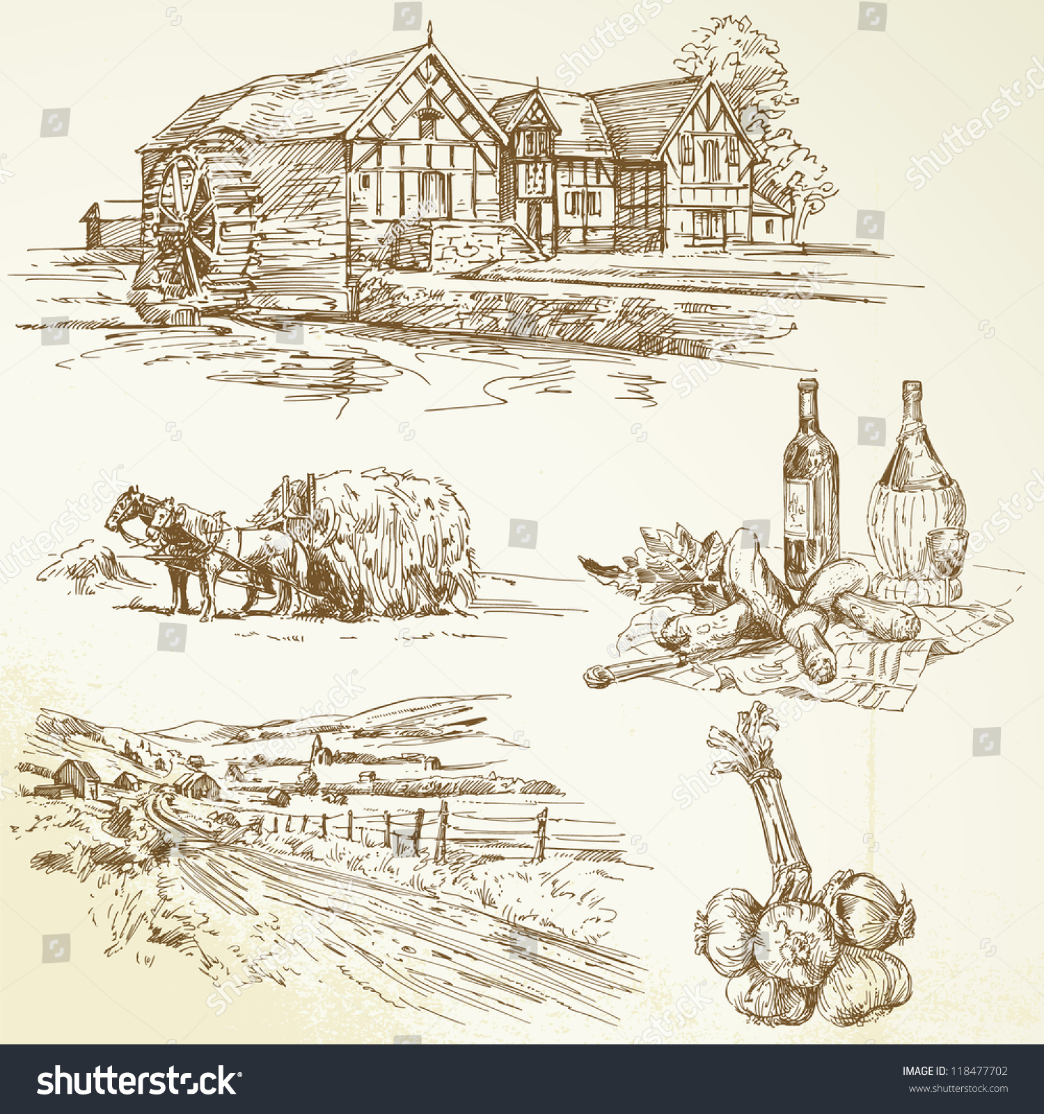 Rural Landscape Agriculture Old Watermill Hand Stock Vector (Royalty ... Rural Landscape Agriculture Old Watermill Hand Stock Vector (Royalty ...
