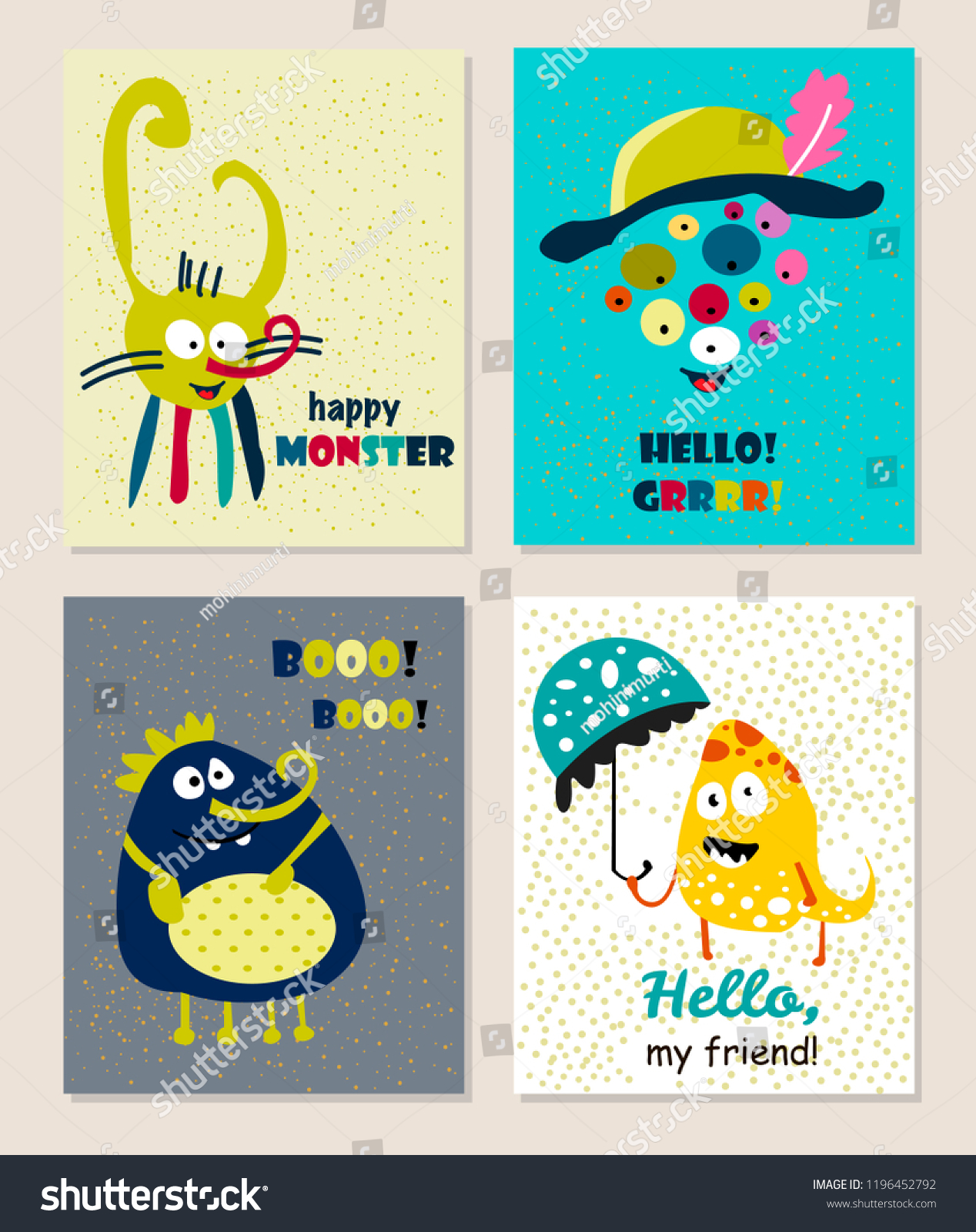 Cute Funny Monsters Greeting Cards Set Stock Vector Royalty Free