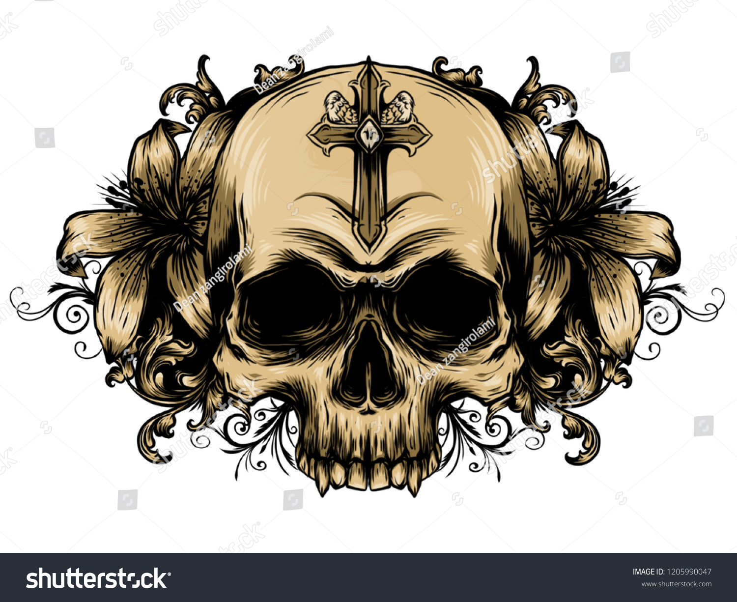Skull Flowers Roses Drawing By Hand Stockillustration 1205990047