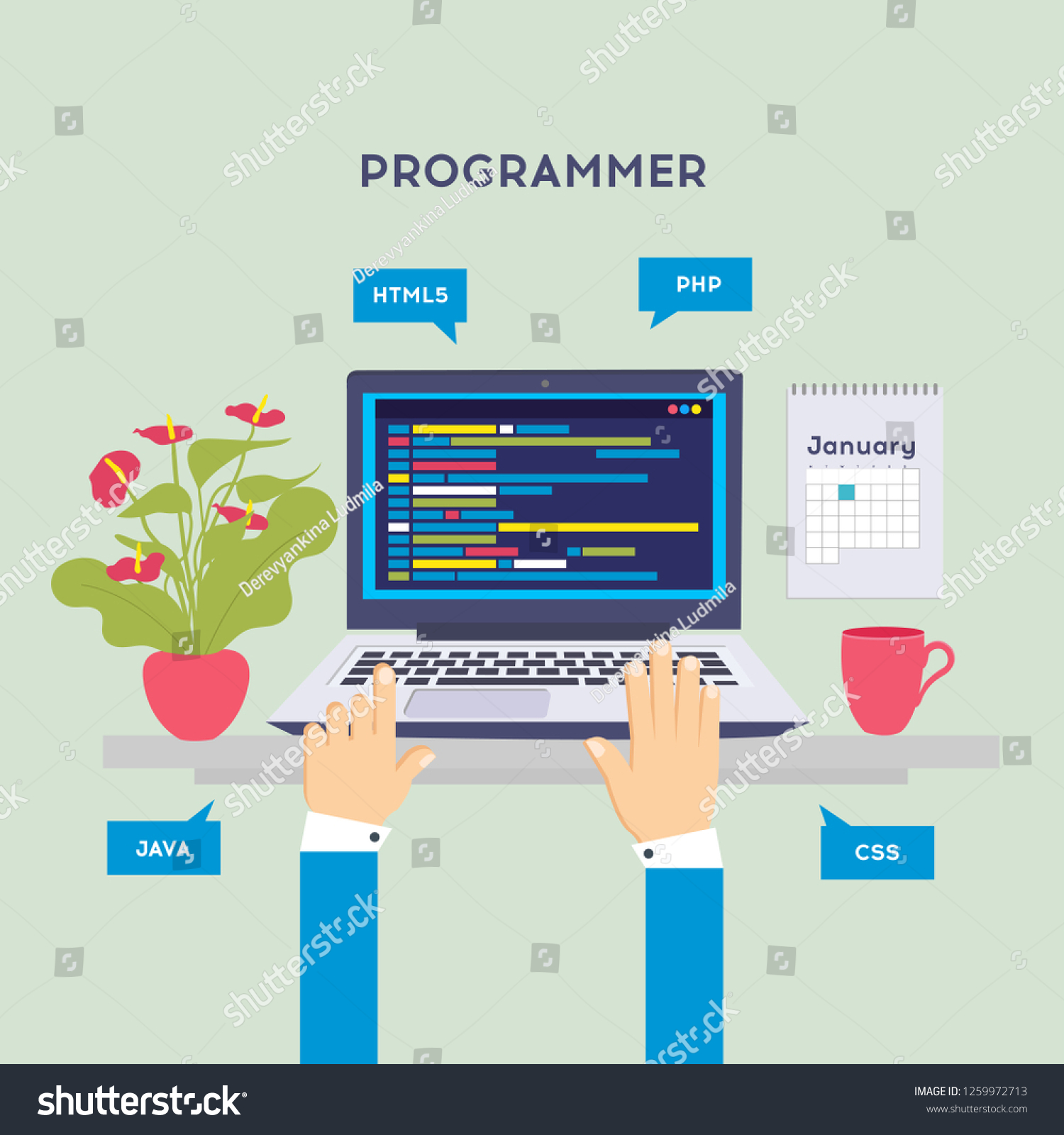 Workplace Programmer Coder Vector Illustration Programmer: vector de ...