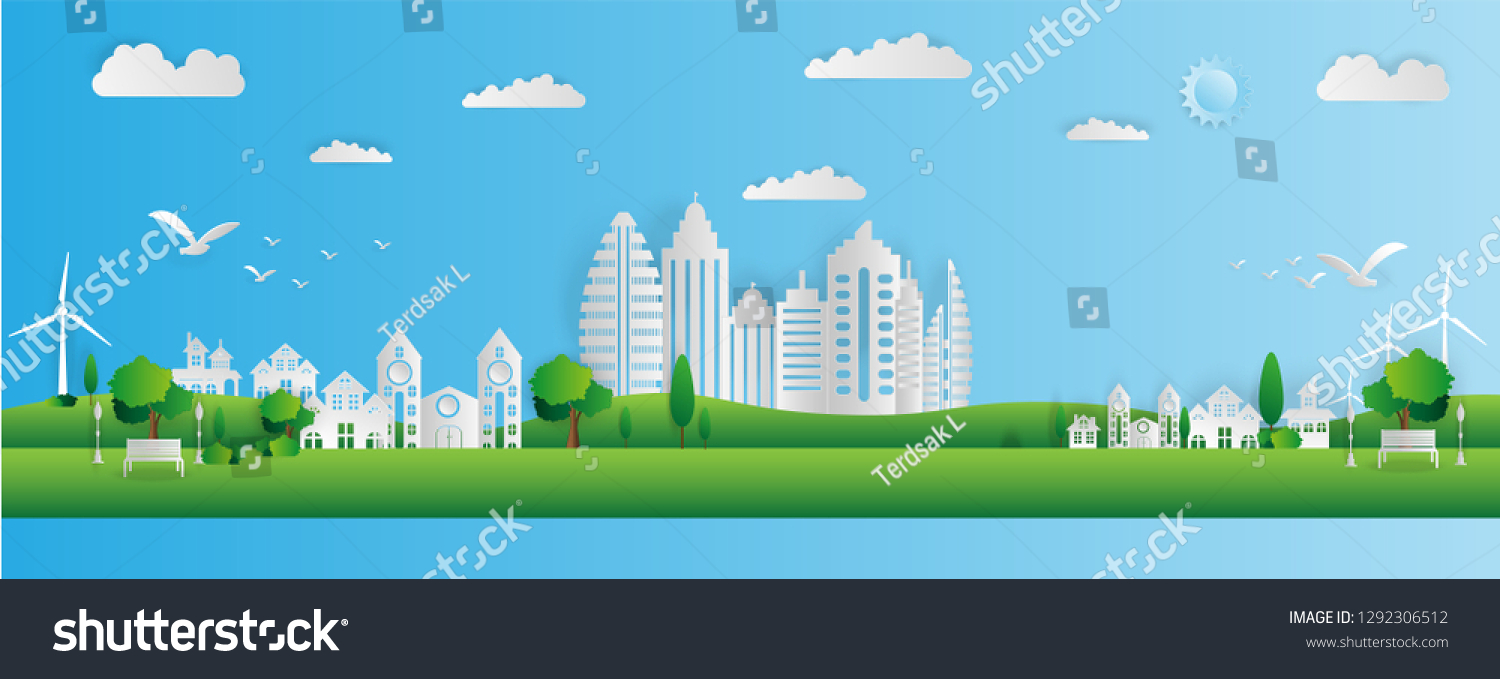 Vektor Stok Flatstyle Vector Illustrationpaper Art Style Landscape ... Vektor Stok Flatstyle Vector Illustrationpaper Art Style Landscape ...
