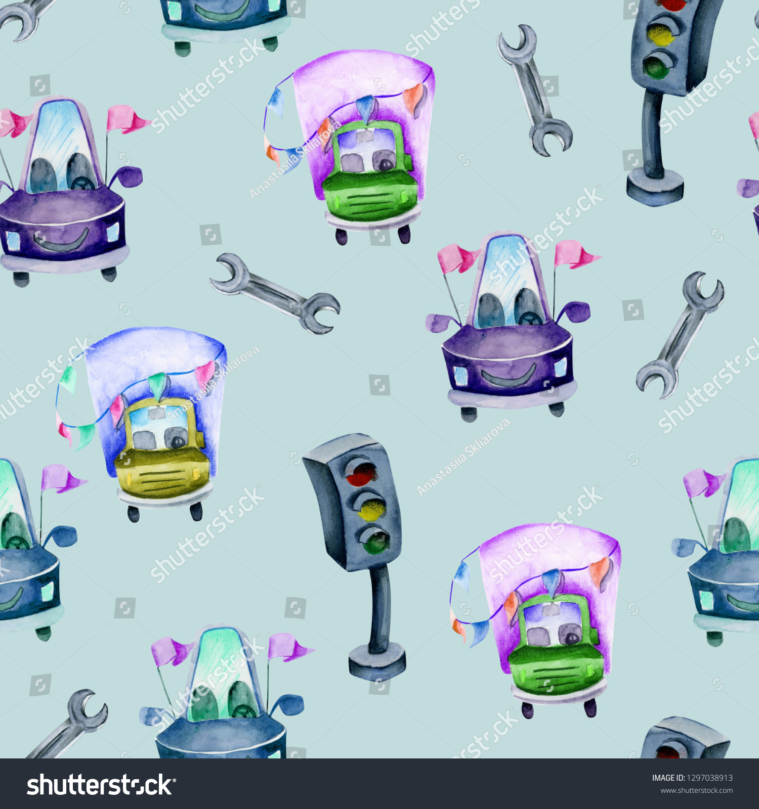 Watercolor Festive Cars Traffic Lights Spanner Stock Illustration ... Watercolor Festive Cars Traffic Lights Spanner Stock Illustration ...