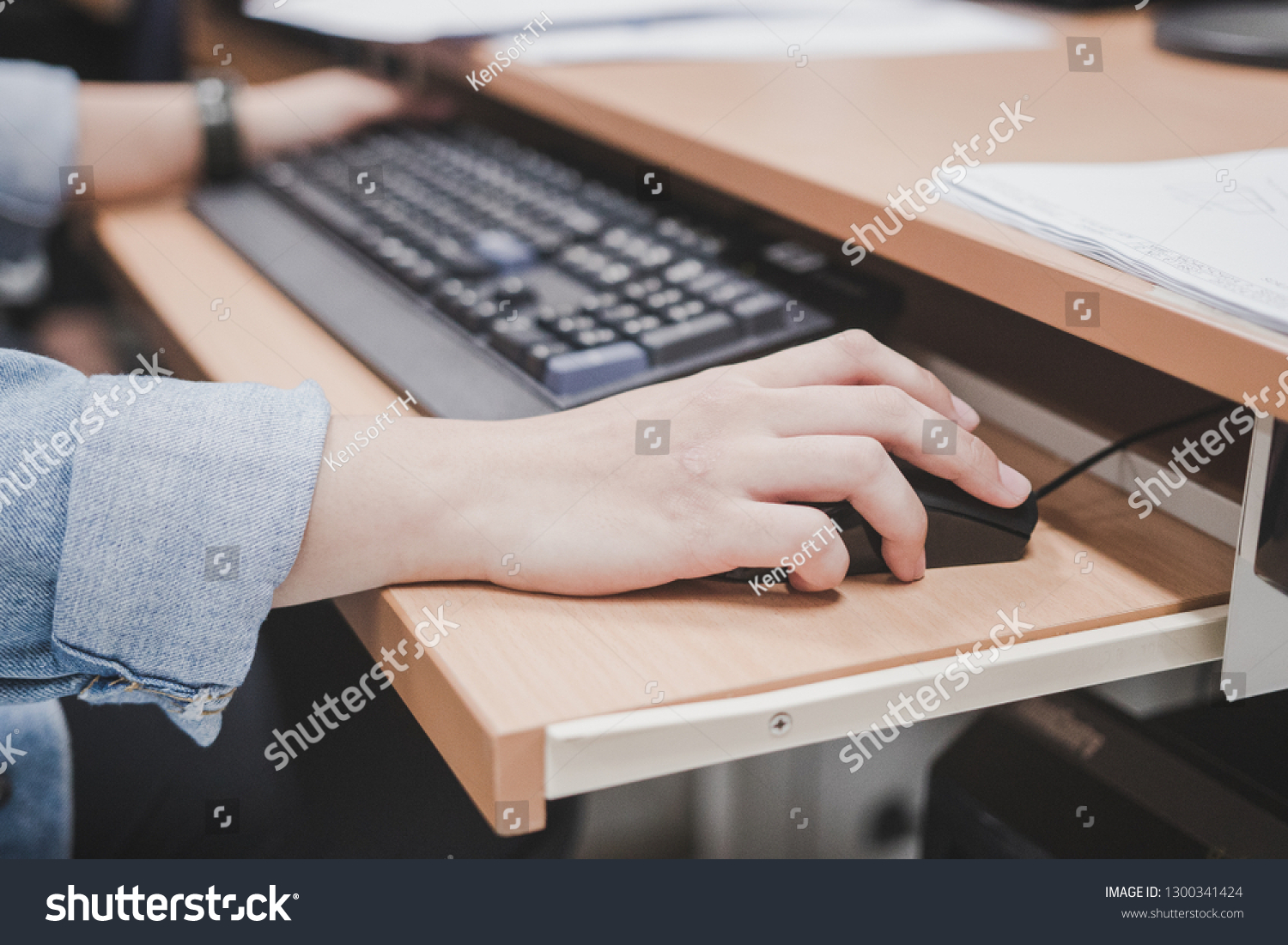 Close Hand Person Using Desktop Computer Stock Photo 1300341424 ...