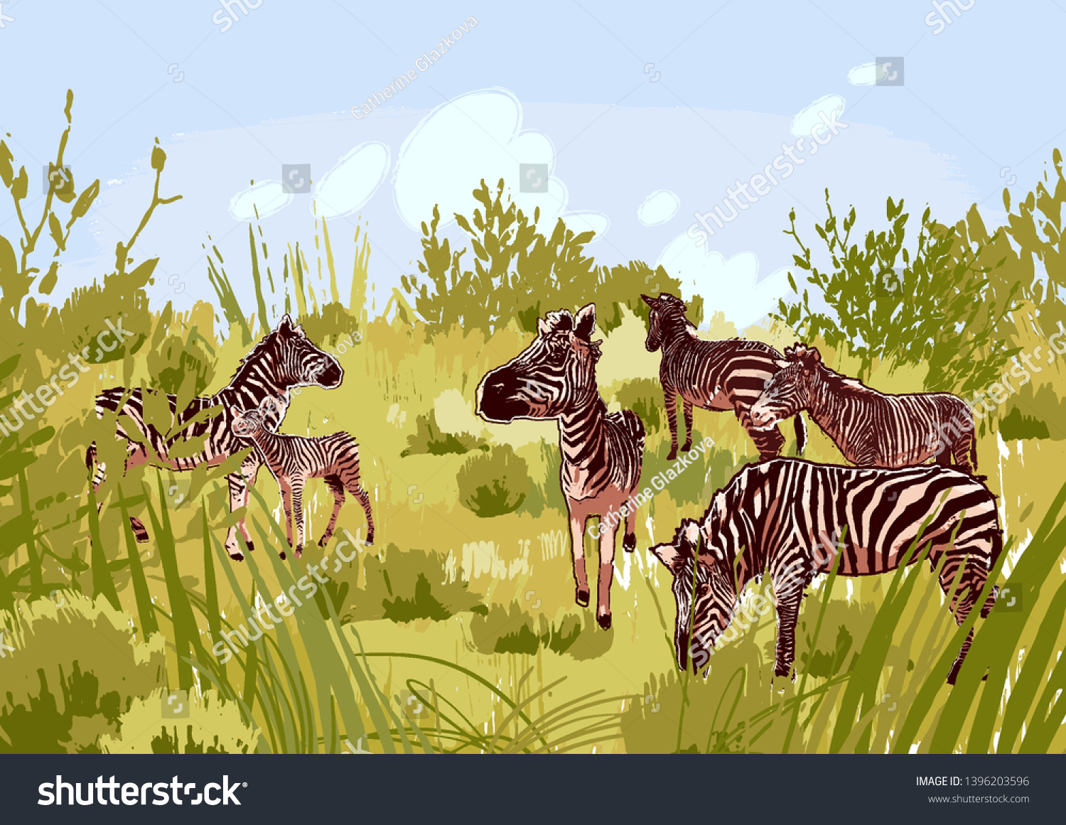 Herd Zebras Sowing Steppe Landscape Vector: vector de stock (libre de ... Herd Zebras Sowing Steppe Landscape Vector: vector de stock (libre de ...