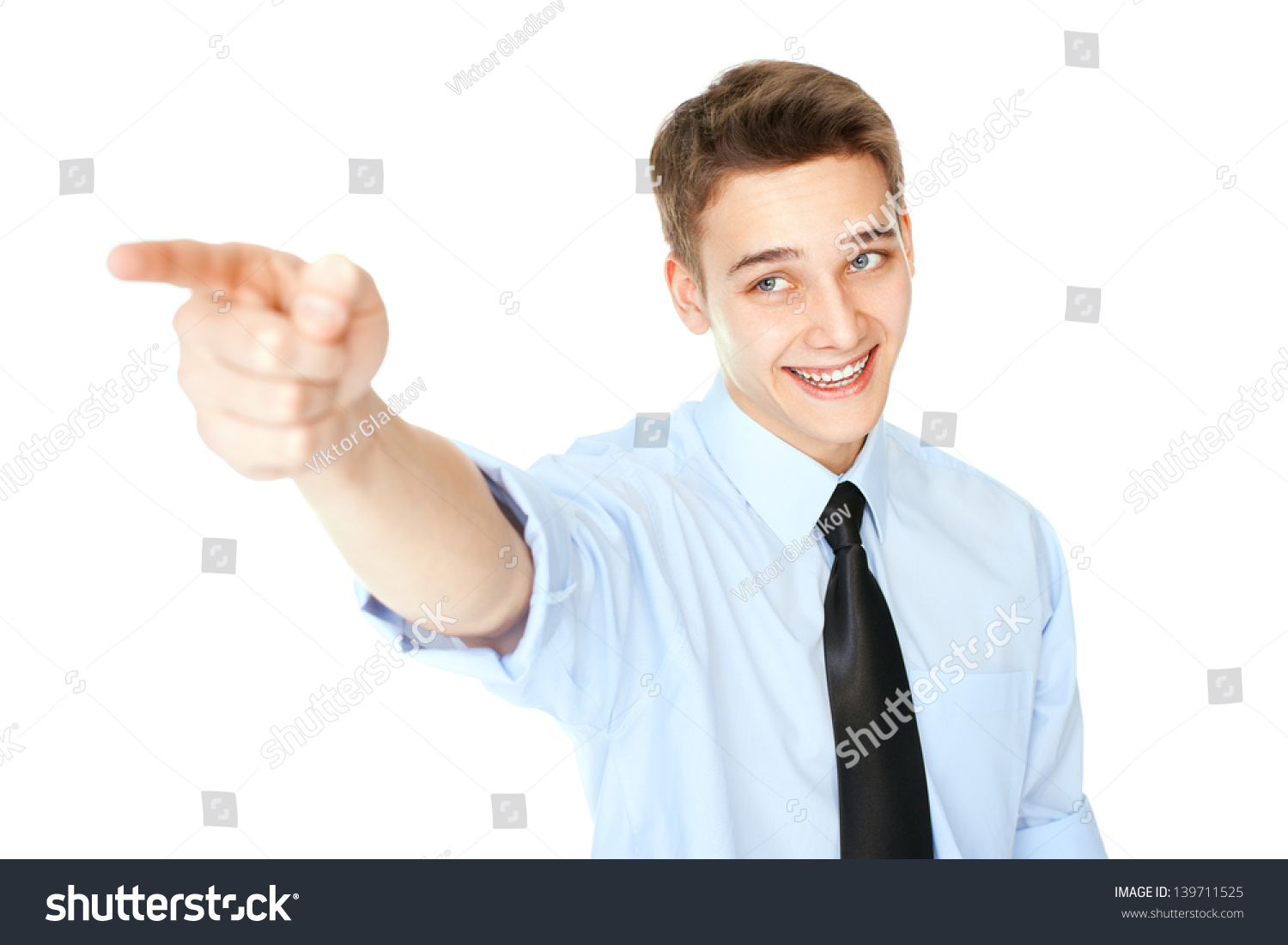 Portrait Young Smiling Successful Businessman Pointing Stock Photo ... Portrait Young Smiling Successful Businessman Pointing Stock Photo ...