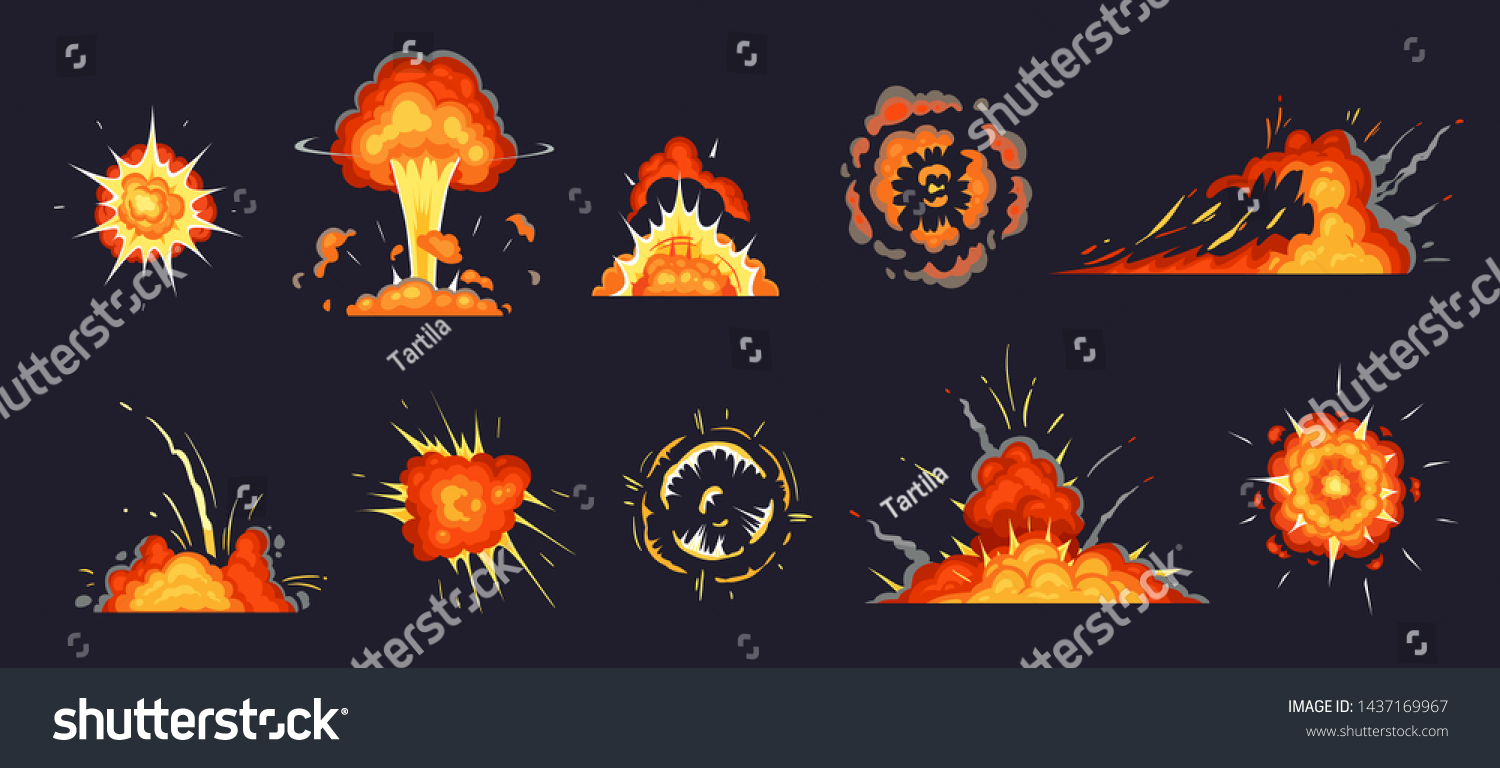 Cartoon-Explosion. Explodierende Bombe, atomarer Explosionseffekt und ...