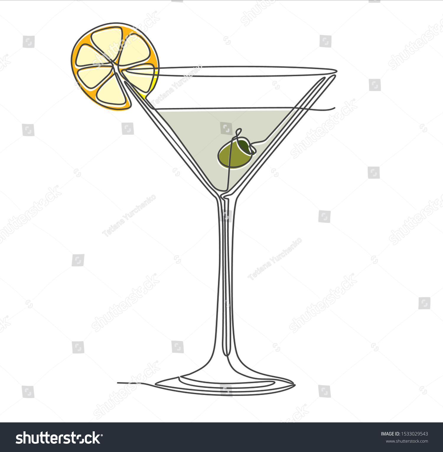 Martini Glass Olive Continuous One Line Stock Vector Royalty Free