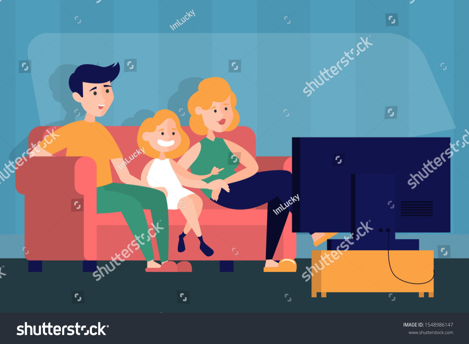 Mother Father Daughter Watch Tv Home Stock Vector Royalty Free 1548986147 Shutterstock