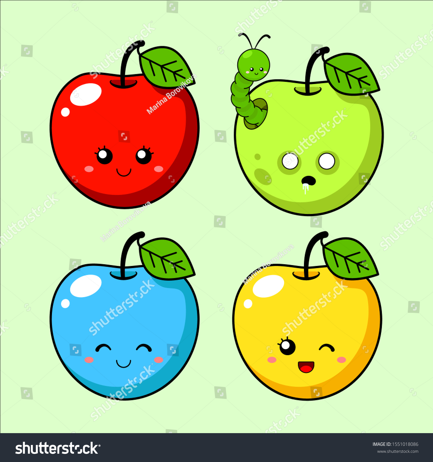 Set Cute Apples Kawaii Style Different Vector De Stock Libre De Regalías 1551018086