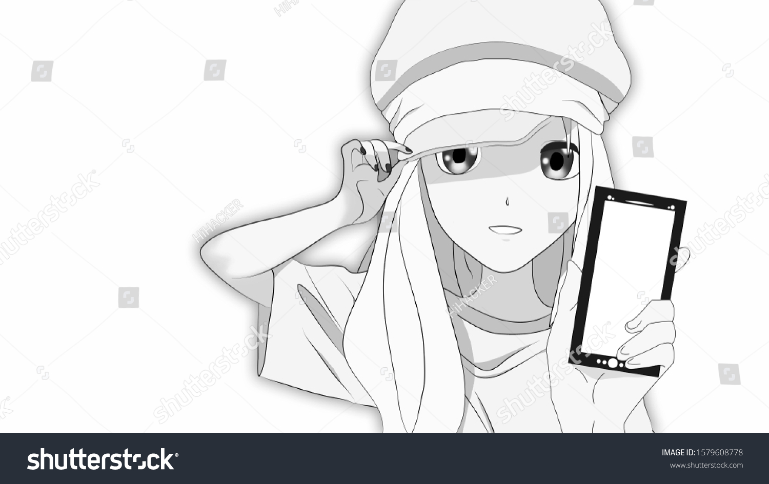 Anime Girl Holding Phone Hand Wearing Stock Illustration 1579608778 Shutterstock