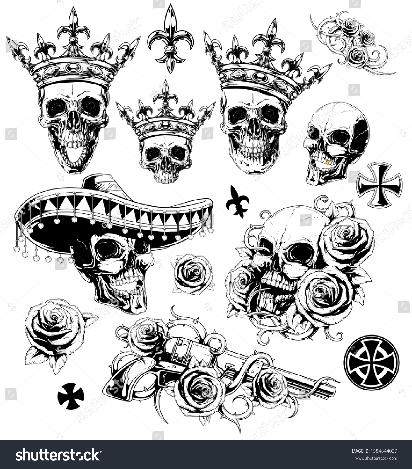 Graphic Detailed Black White Human Skulls Stock Vector Royalty Free