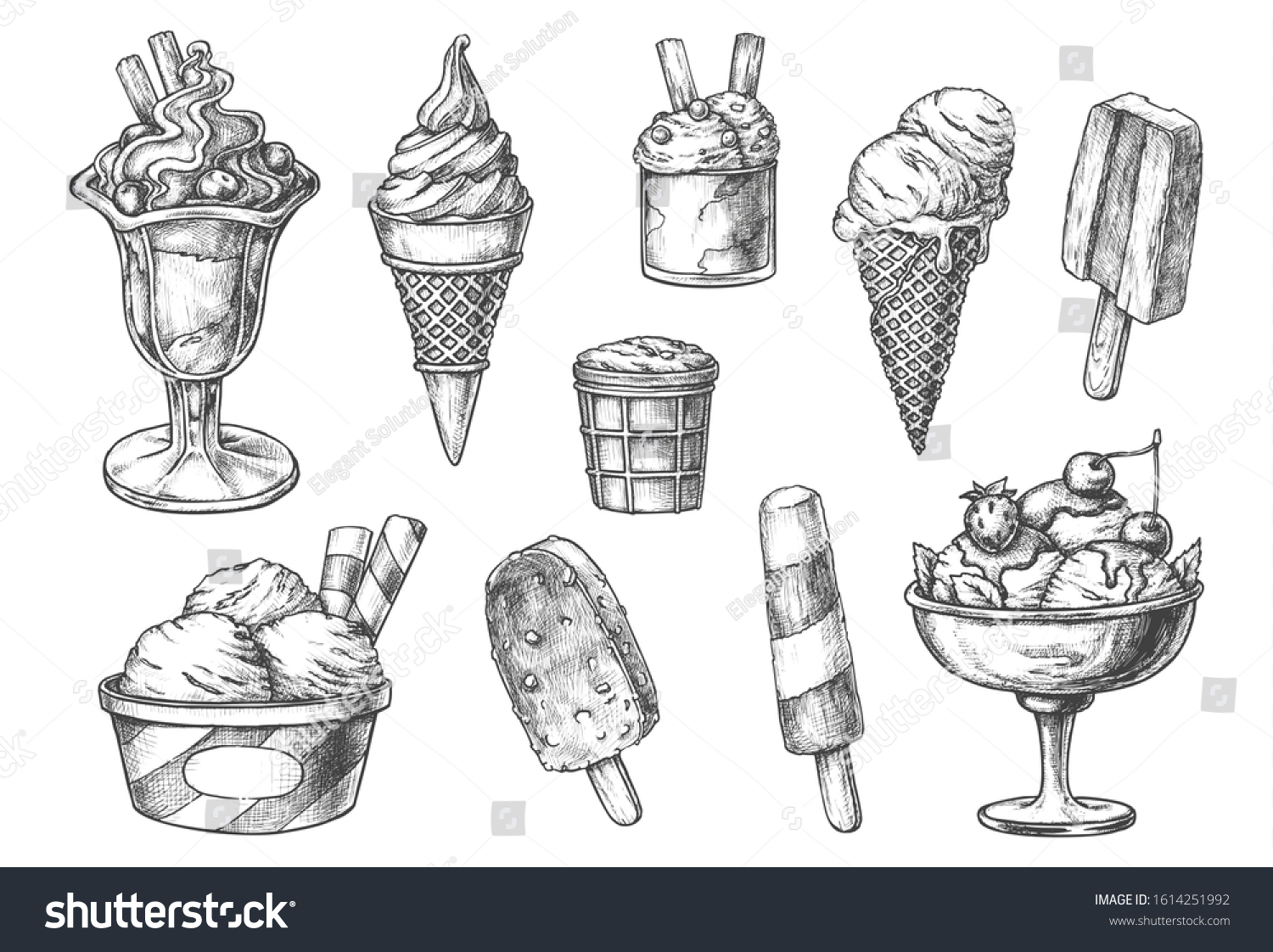 Set Isolated Ice Cream Sketch Hand Stock Vector Royalty Free