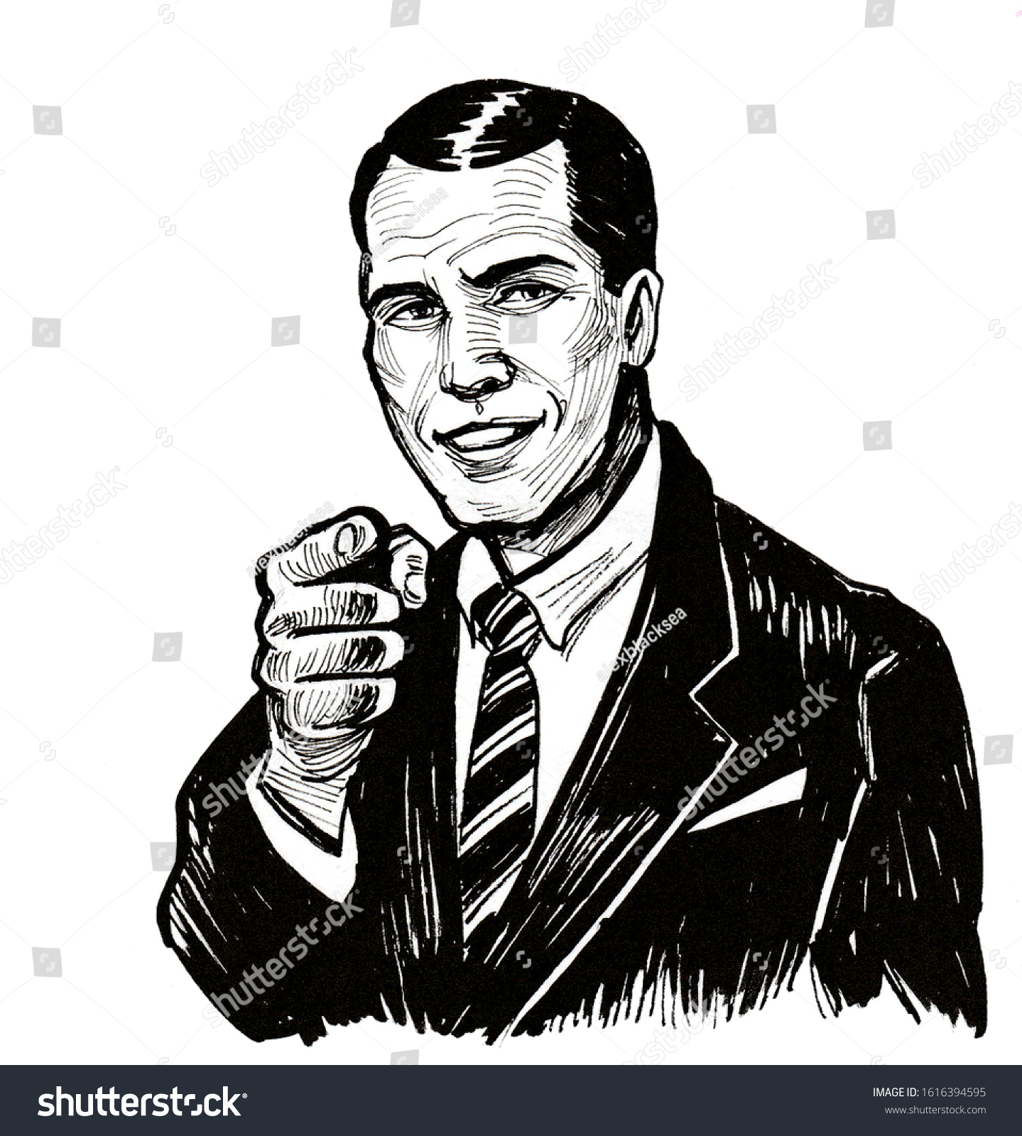 Man Pointing Viewer Ink Black White Stock Illustration 1616394595