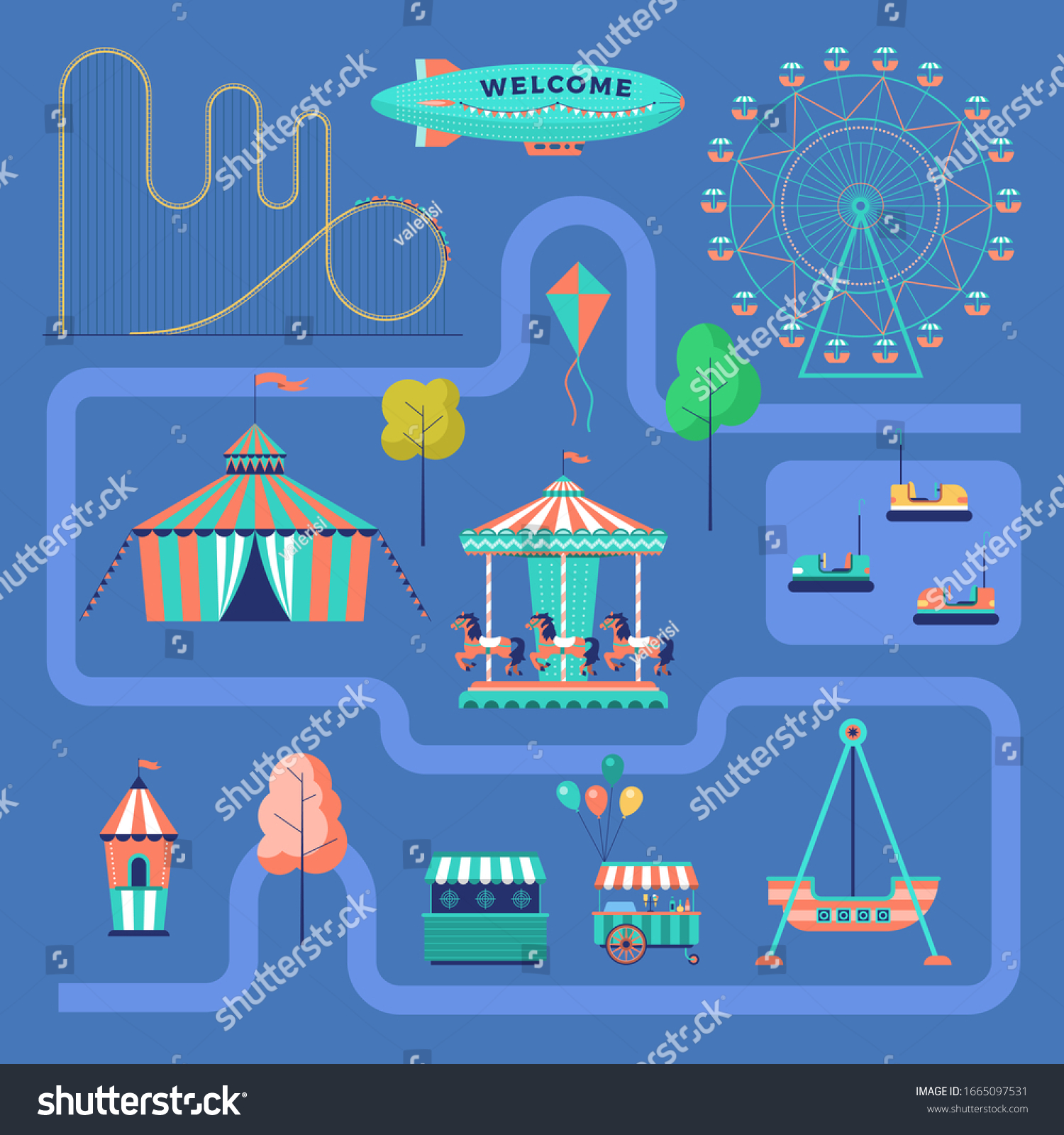 Amusement Park Various Attractions Vector Flat Stock Vector Royalty