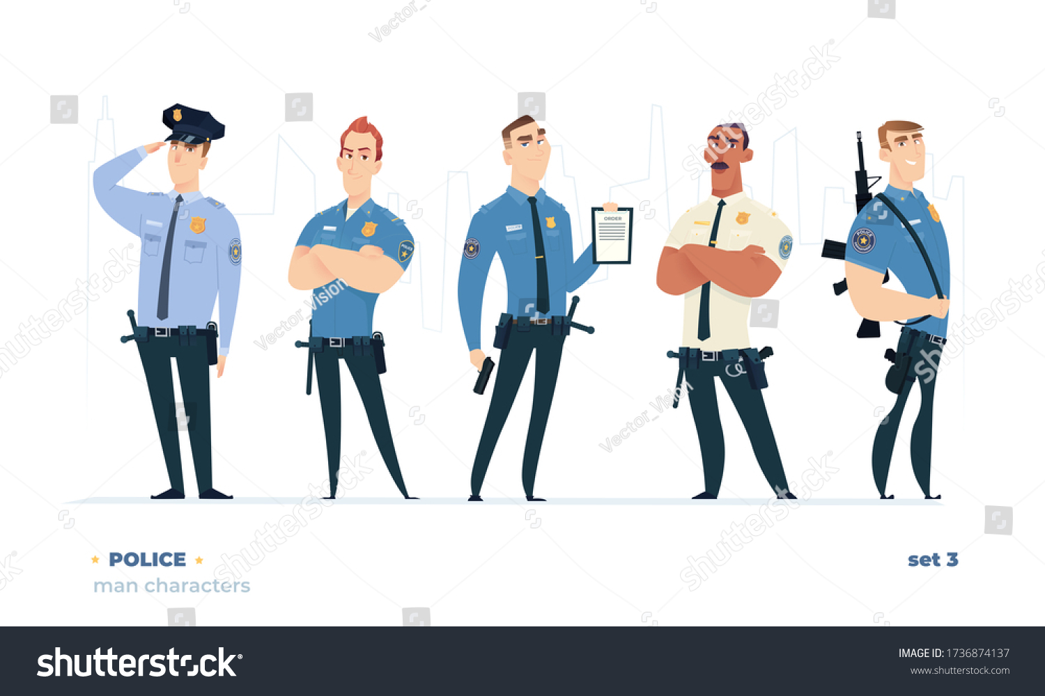 Police Officers Set Young Cheerful Police เวกเตอร์สต็อก ปลอดค่า