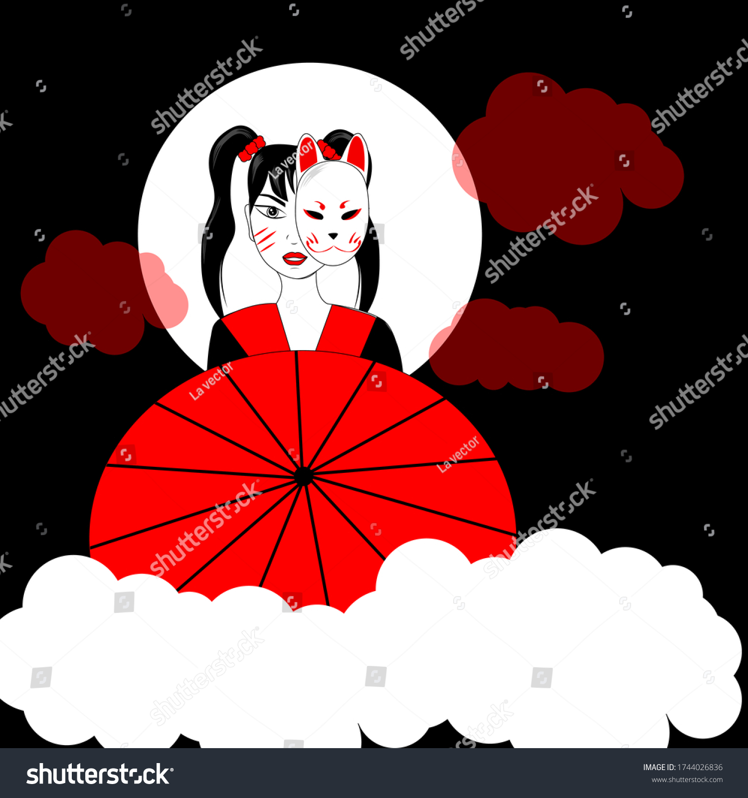 Japanese Night Girl Umbrella Moon Midnight Stock Vector Royalty Free 1744026836 Shutterstock