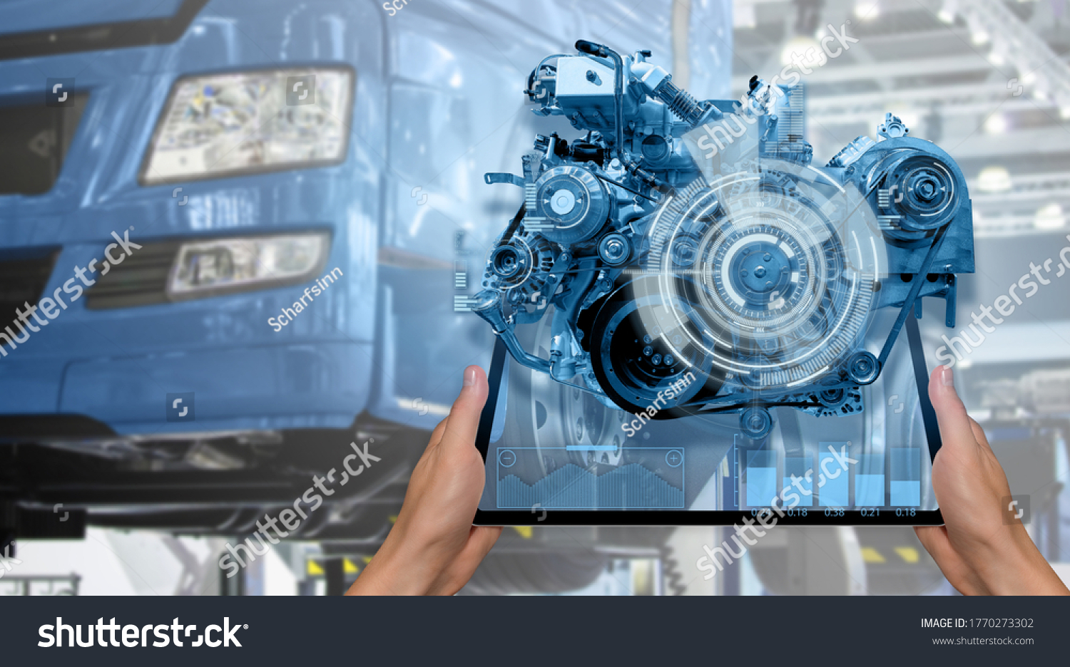Serviceman Repairing Truck Using Augmented Reality Stock Photo ... Serviceman Repairing Truck Using Augmented Reality Stock Photo ...