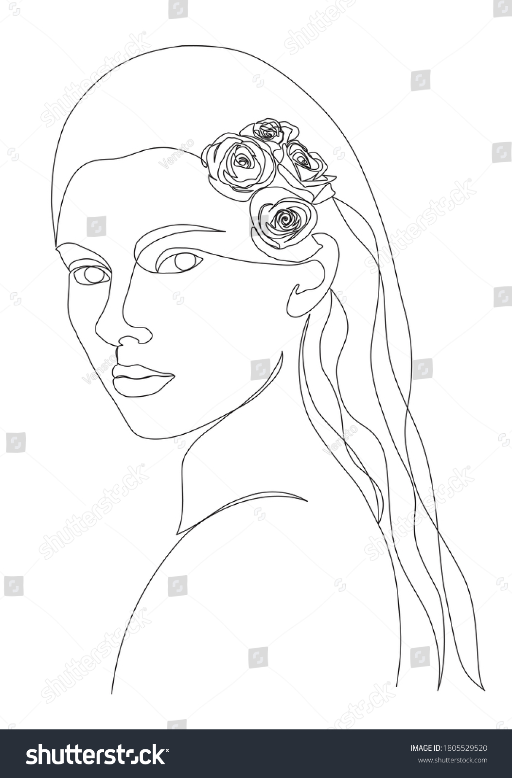 Woman Face Rose Flower Continuous Line Stock Vector Royalty Free