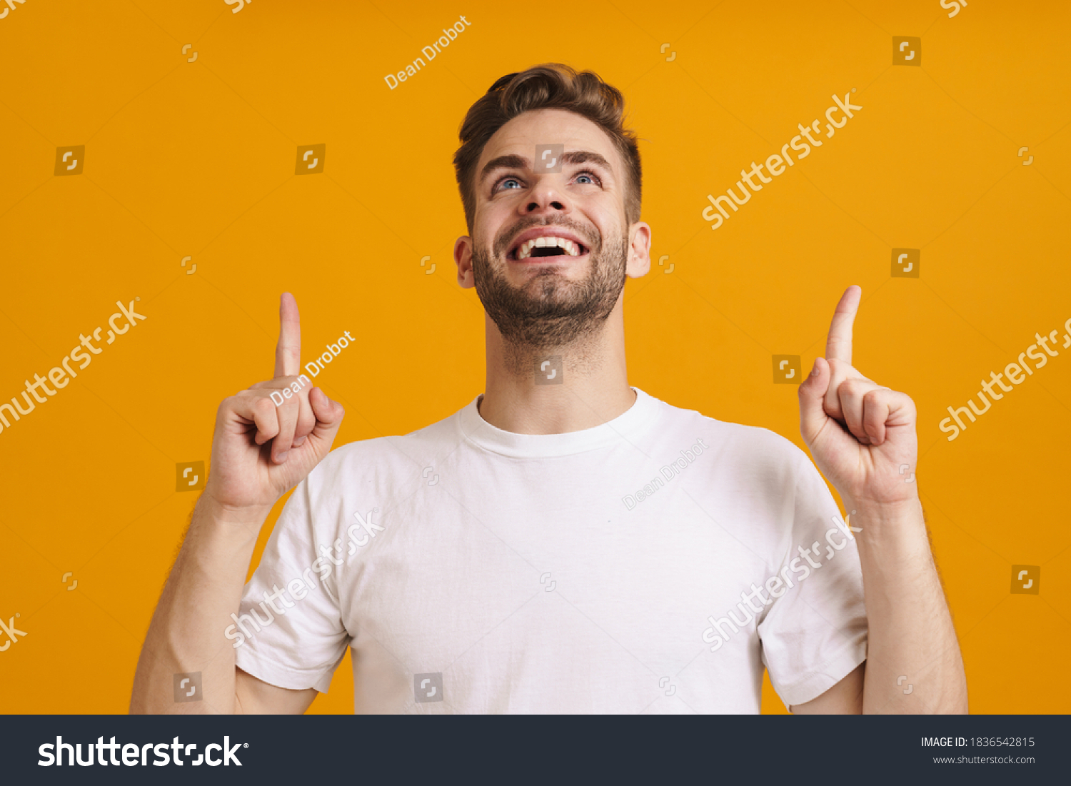 Joyful Handsome Unshaven Guy Smiling Pointing Stock Photo 1836542815 ...