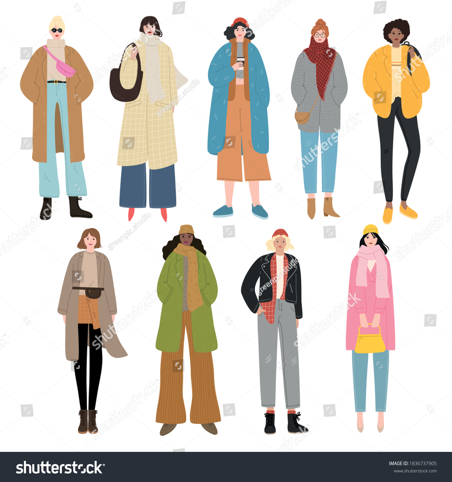 Set Girls Wearing Different Stylish Outerwear Stock Vector Royalty